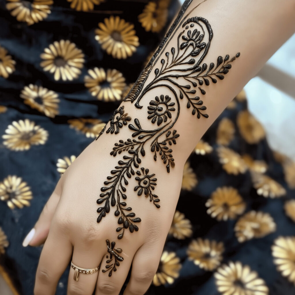 One side Mehndi design for back hand by Himanshi Gupta on Mehndi World