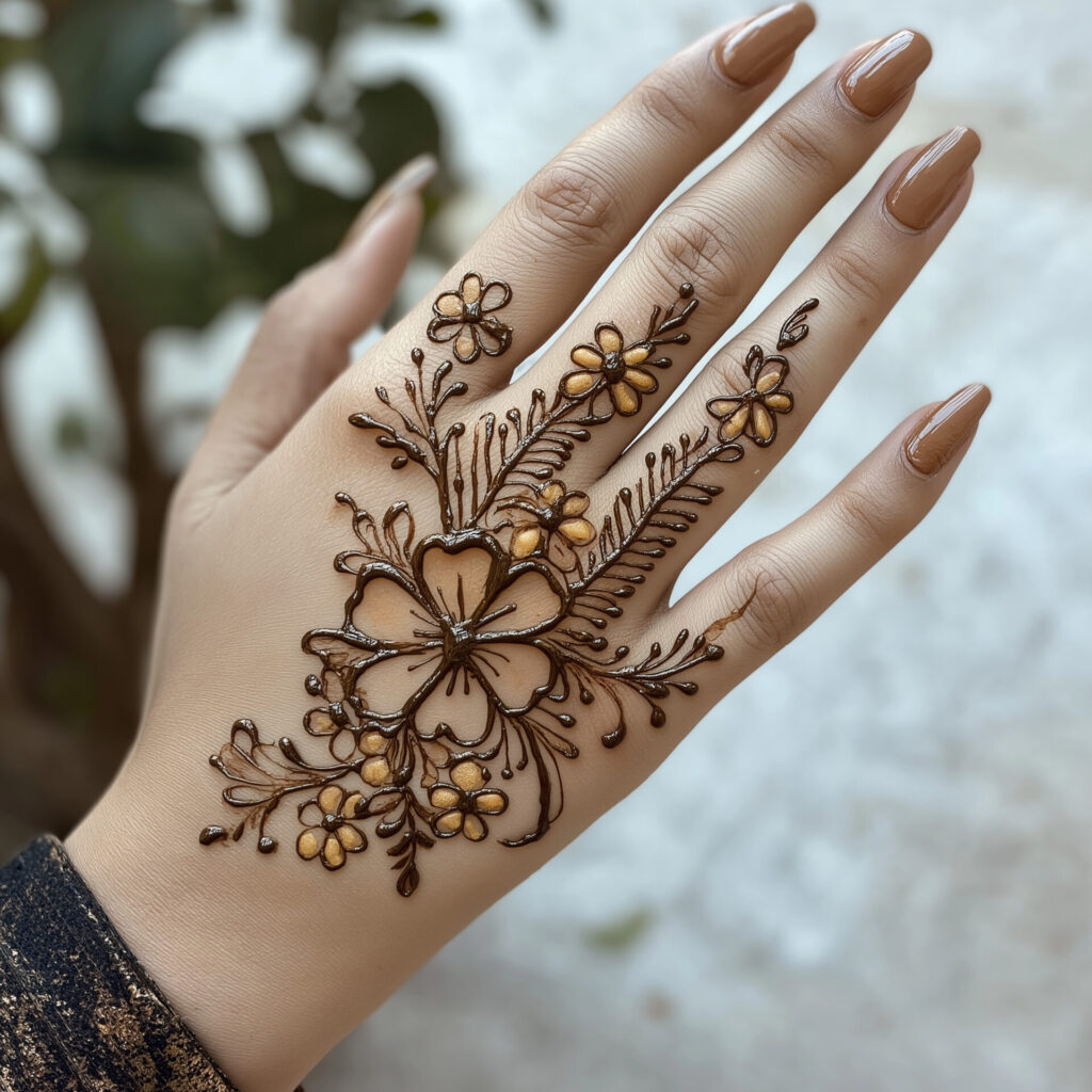 One side Mehndi design for back hand by Himanshi Gupta on Mehndi World