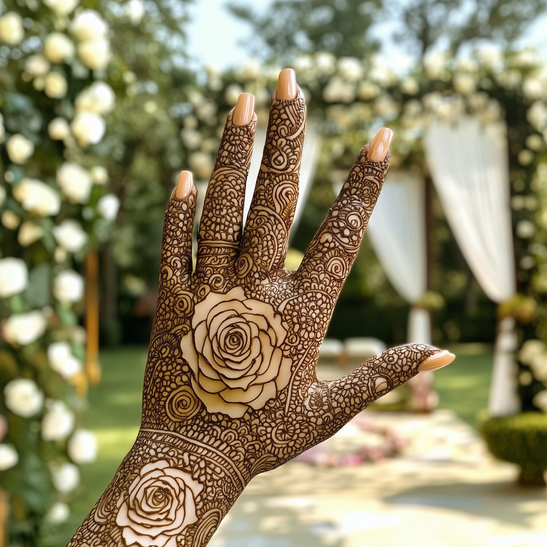 Rose flower mehndi design back hand by Karnesh Sharma on Mehndi World