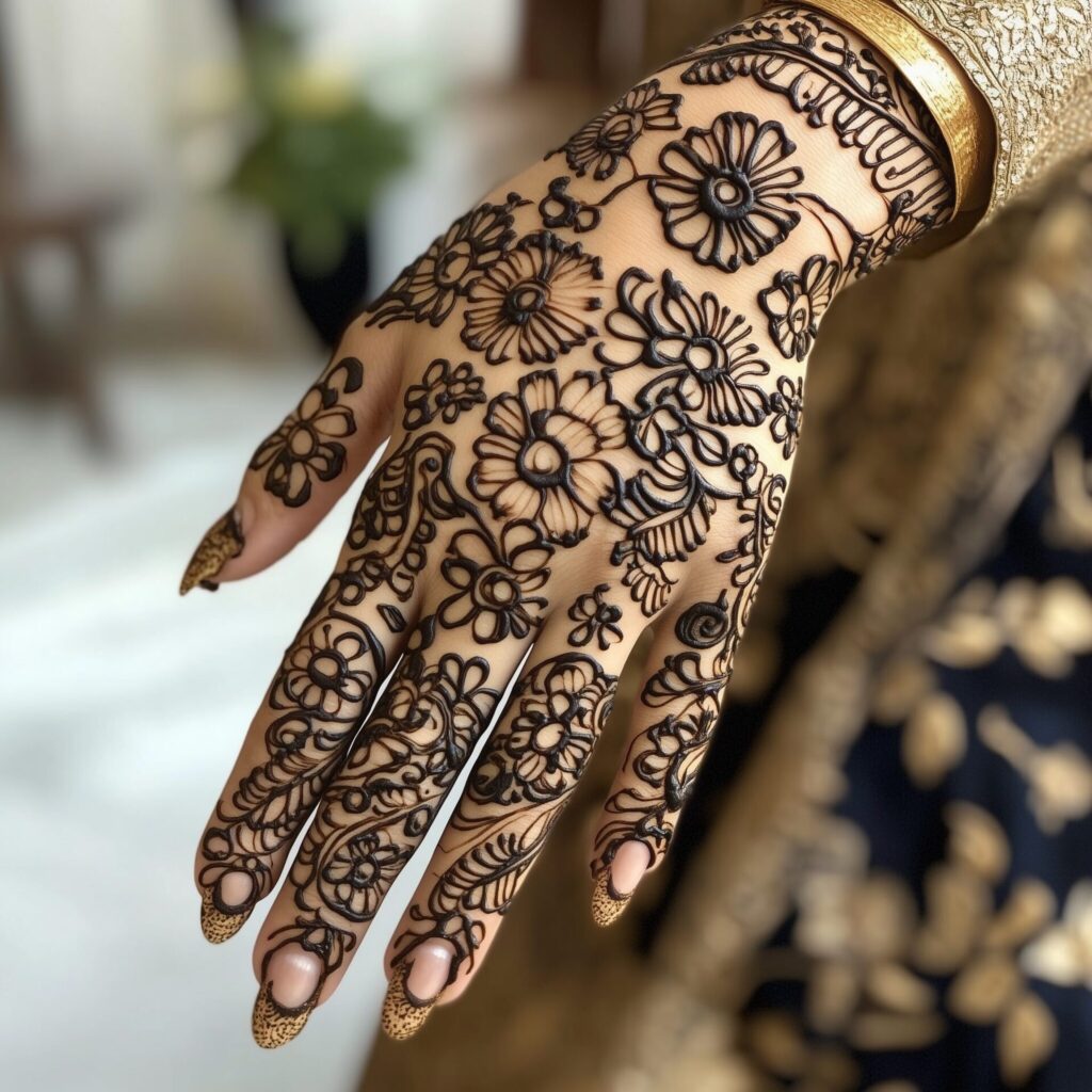 Half hand Mehndi design front and back by Karnesh Sharma on Mehndi World