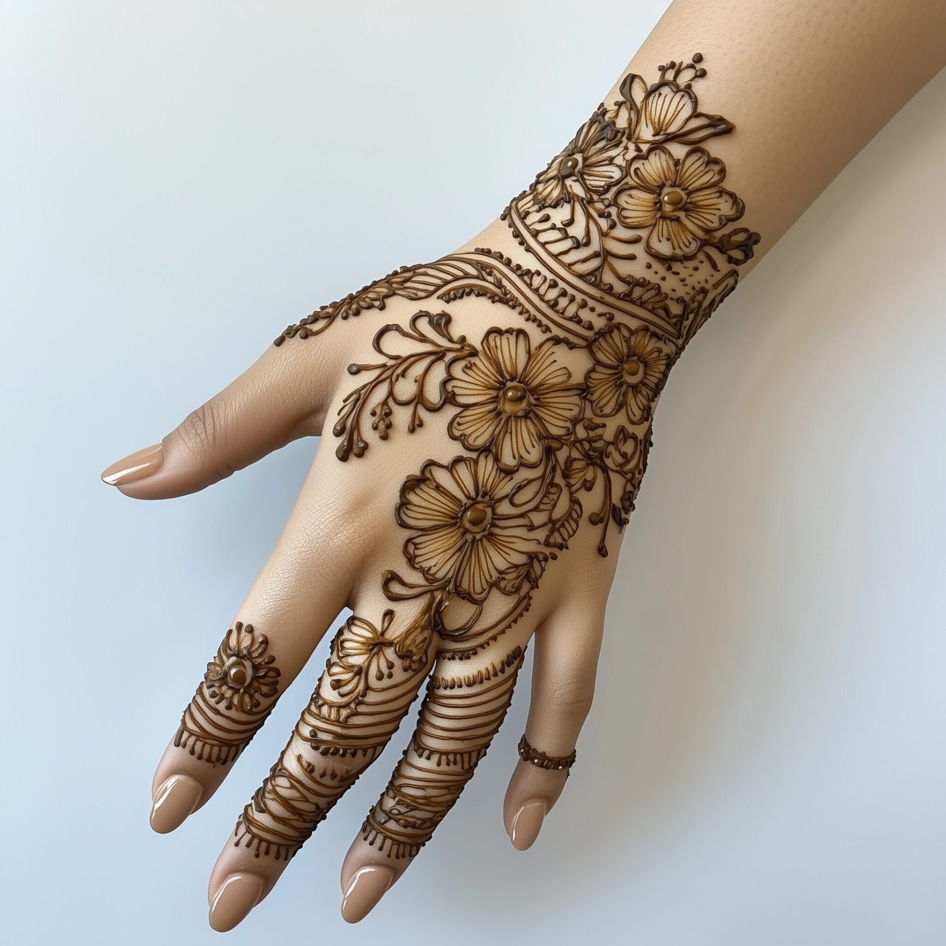 Half hand Mehndi design front and back by Karnesh Sharma on Mehndi World