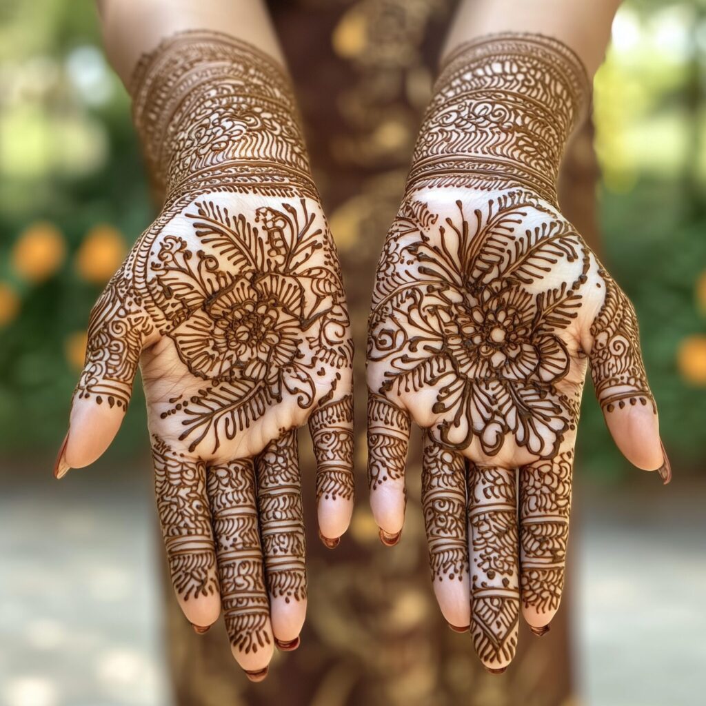 Half hand Mehndi design front and back by Karnesh Sharma on Mehndi World