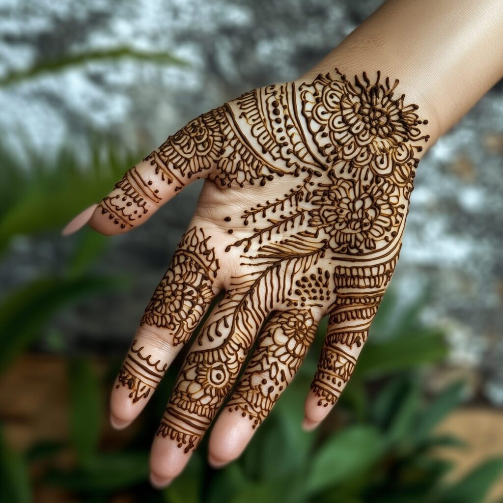 Half hand Mehndi design front and back by Karnesh Sharma on Mehndi World